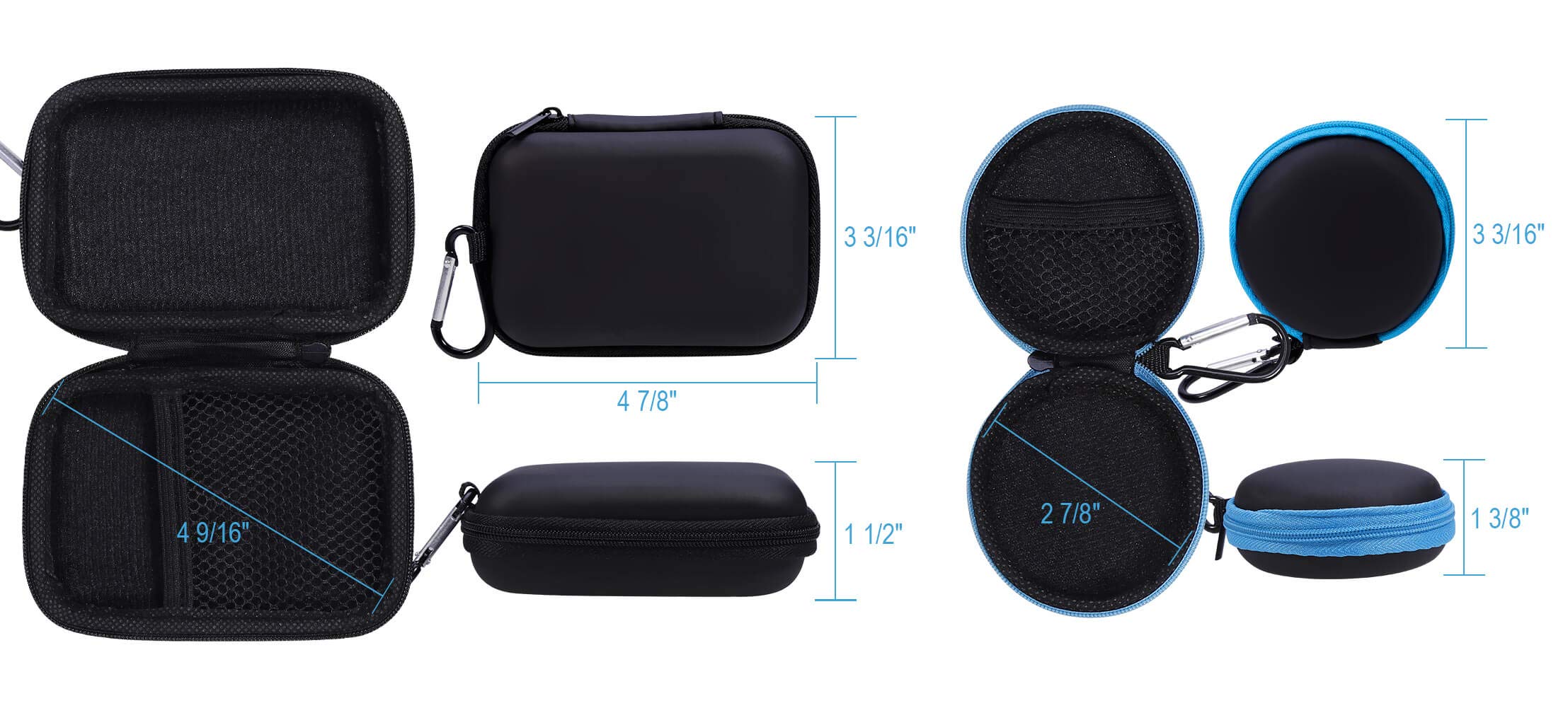 Cases for Earbuds,Aneuzs Earphone Carry Cases 5 Pack Headphone Storage Bag with Zipper and Carabiner for Smartphone Earphone USB Cable,SD Cards,Small Round Pocket & Square Little Travel Cases
