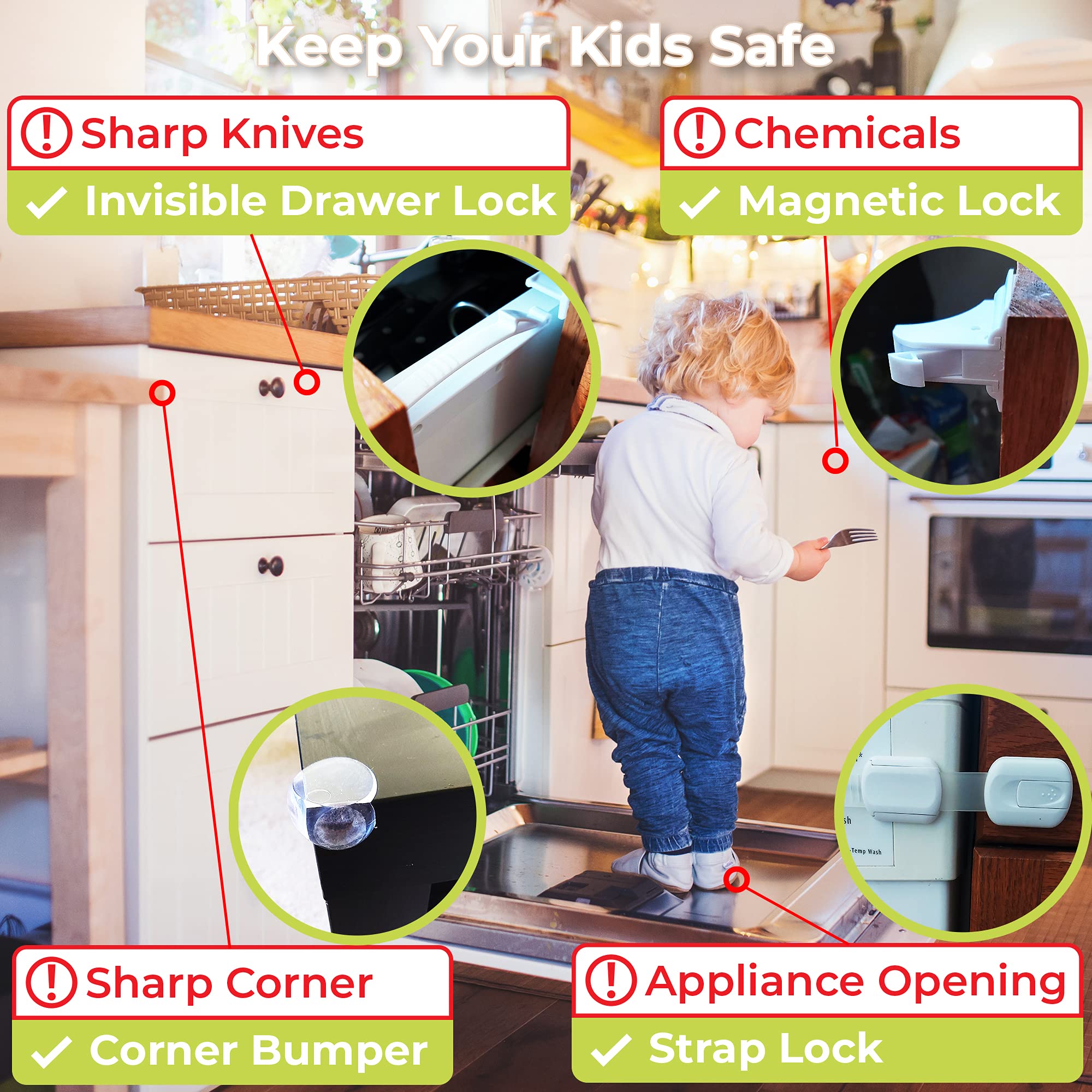Child Proofing Kit: Baby Proof Set 75 Pieces Magnetic Cabinet Locks Outlet Covers Flexible Adhesive Corner Edge Guards Adjustable Size Safety Furniture Latches Kitchen Cupboards Drawers Cabinets Doors