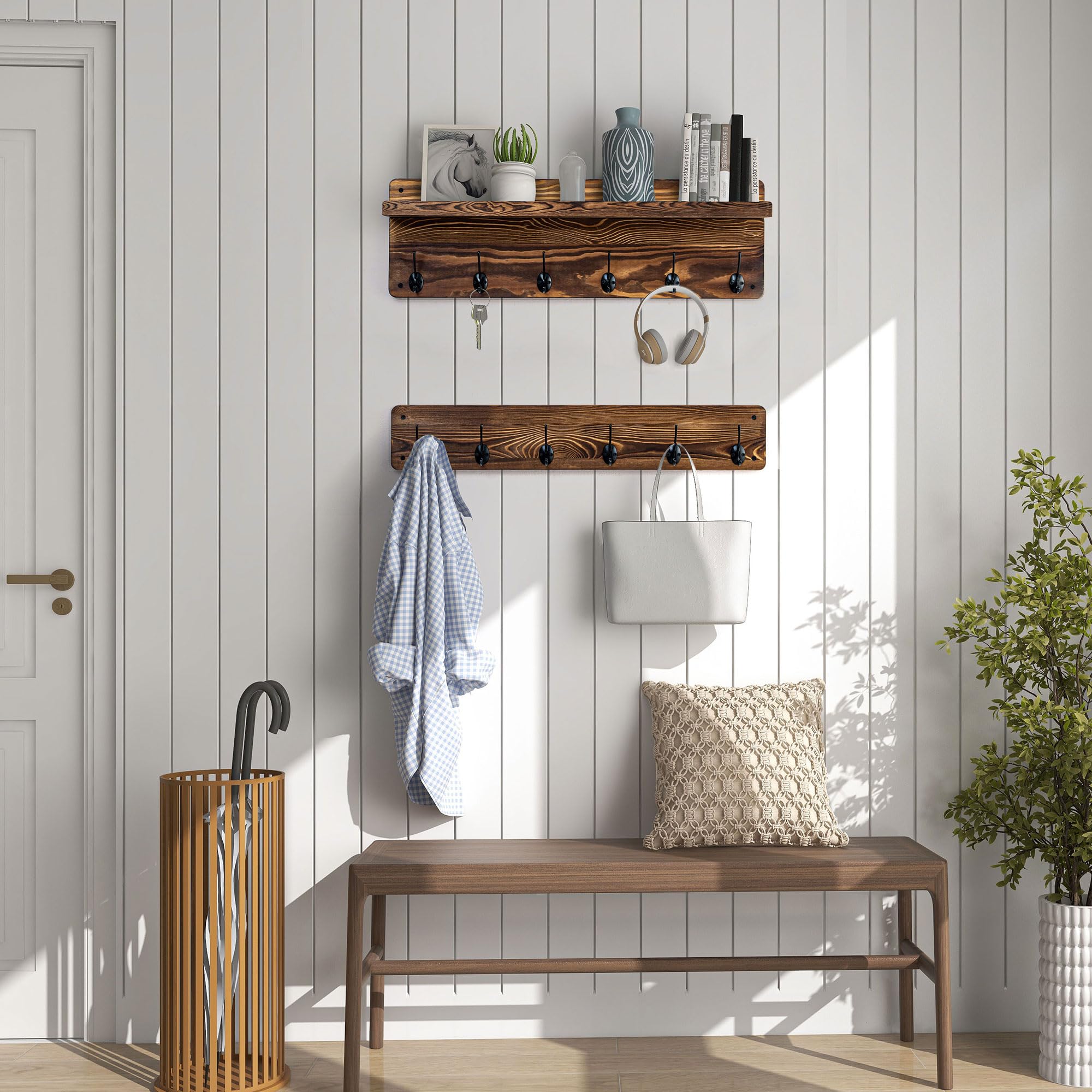29.5'' Wide Coat Rack Wall Mount with Shelf, Hallway Shelf with 12 Coat Hooks, Coat Hangers for Wall, Peg Rack, Mail and Key Holder, Entryway Decor, Housewarming Gift, Early American