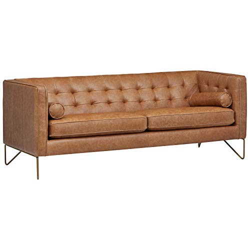 Amazon Brand – Rivet Brooke Contemporary Mid-Century Modern Tufted Leather Sofa Couch, 82"W, Cognac