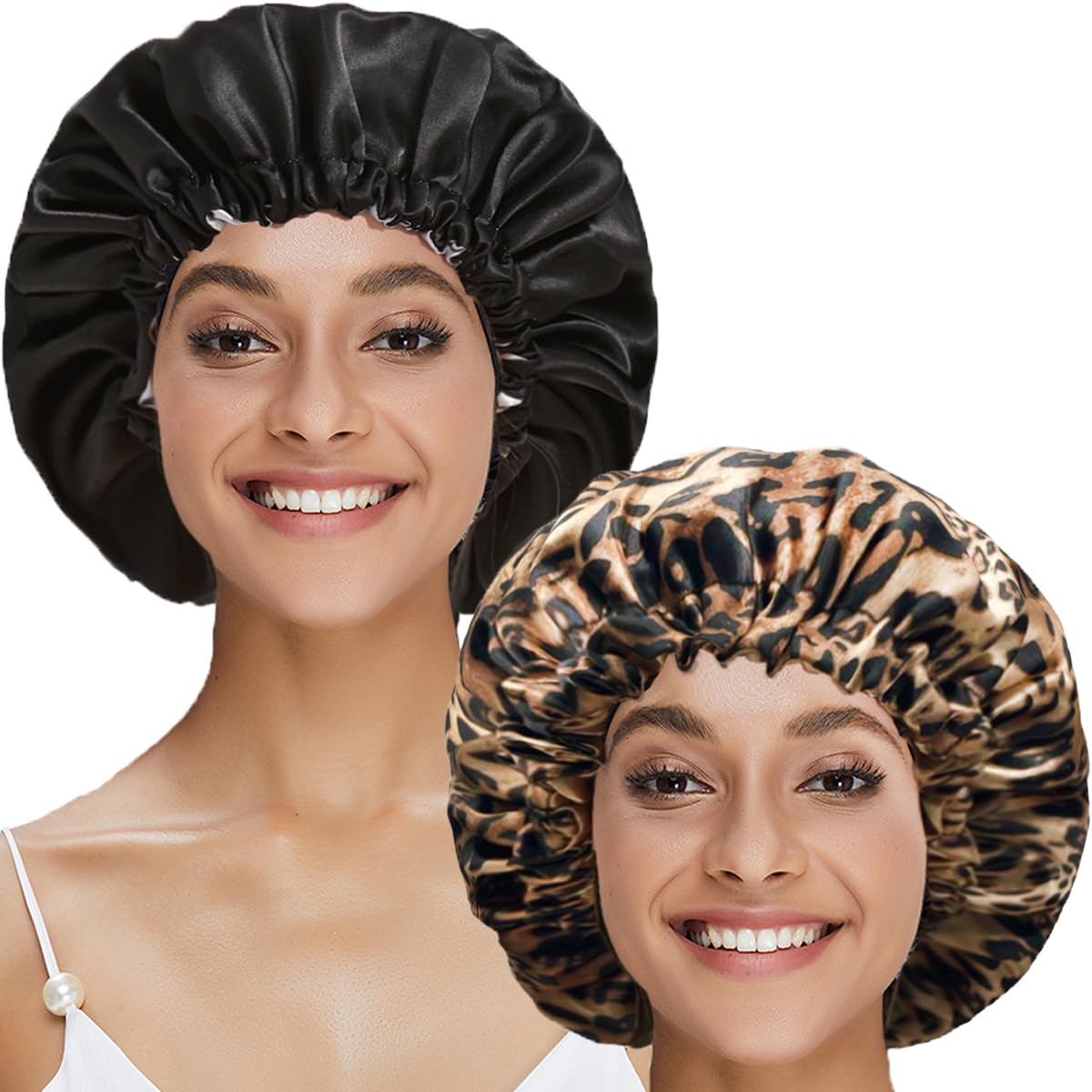 2 Pcs Silk Bonnet for Sleeping Satin Bonnet Double Layer Hair Bonnet for Curly Hair Comforable Hair Wrap Reversible Sleep Cap (Black+Leopard)