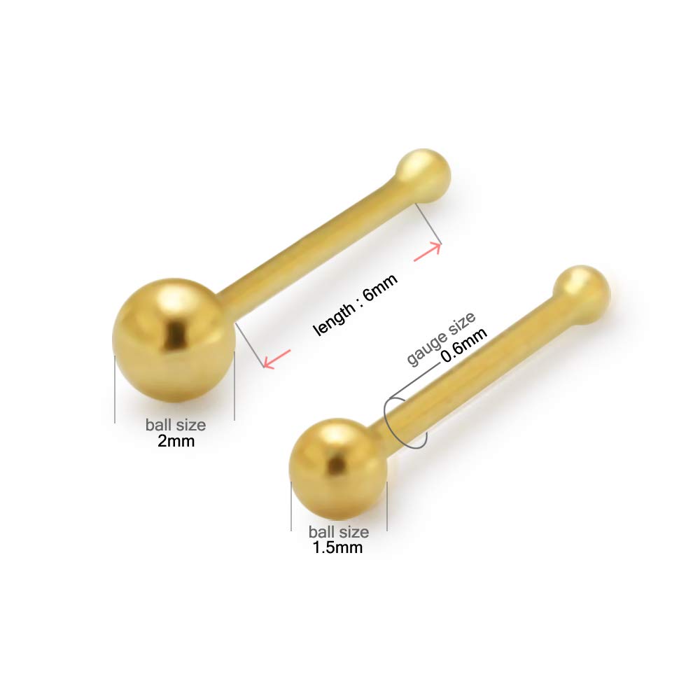 14K Solid Yellow Gold with 2MM Ball - Ball End Nose Pin Body jewelry