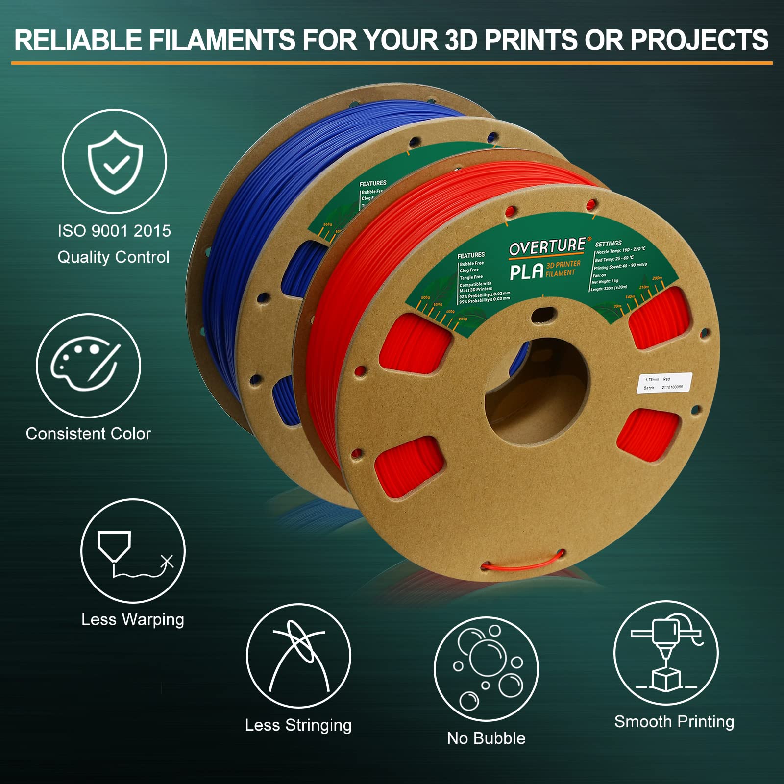 OVERTURE 3D Printer Filament PLA Filament 1.75mm, 2kg Cardboard Spool (4.4lbs), Fit Most FDM 3D Printers,Dimensional Accuracy +/- 0.03mm(Red + Blue)