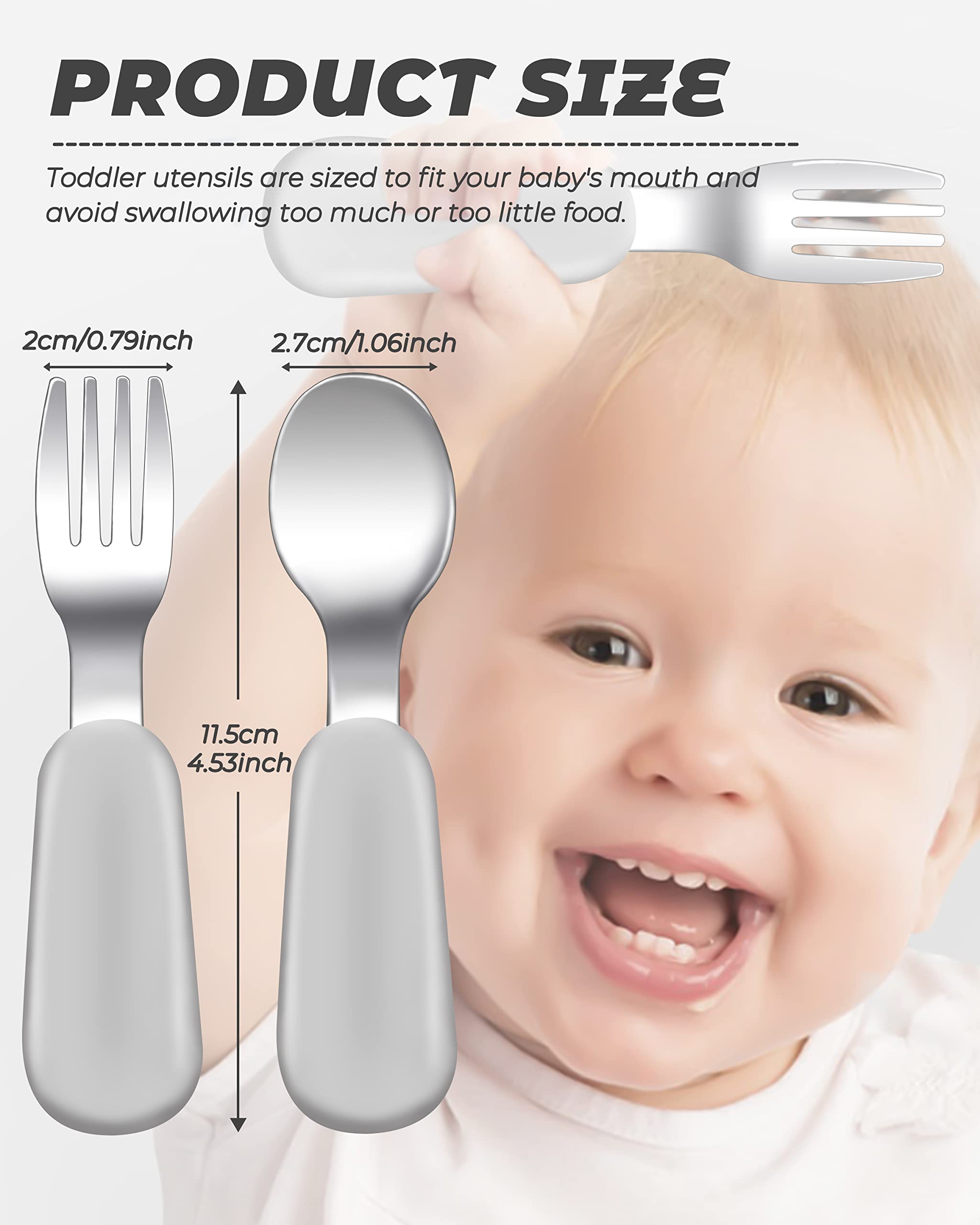 2 pcs Toddler Utensils, Stainless Steel Toddler Silverware Set with Round Handle, Baby Forks for Self Feeding, 1 Toddler Fork and 1 Toddler Spoon, BPA Free