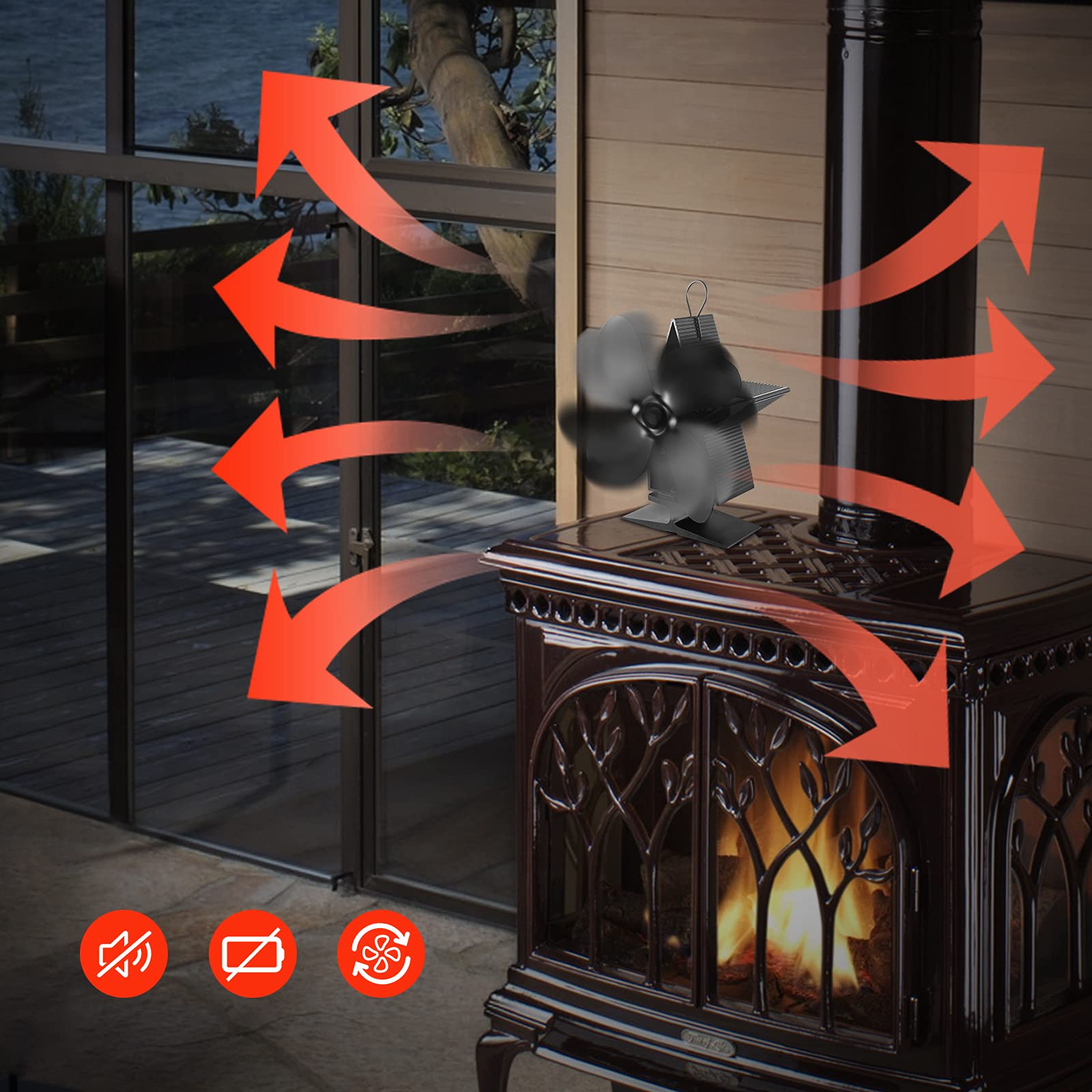 4-Blade Heat Powered Stove Fan, Fireplace Fan with Designed Silent Operation Circulating Warm Air Saving Fuel Efficiently for Home/Wood/Log Burner/Fireplace