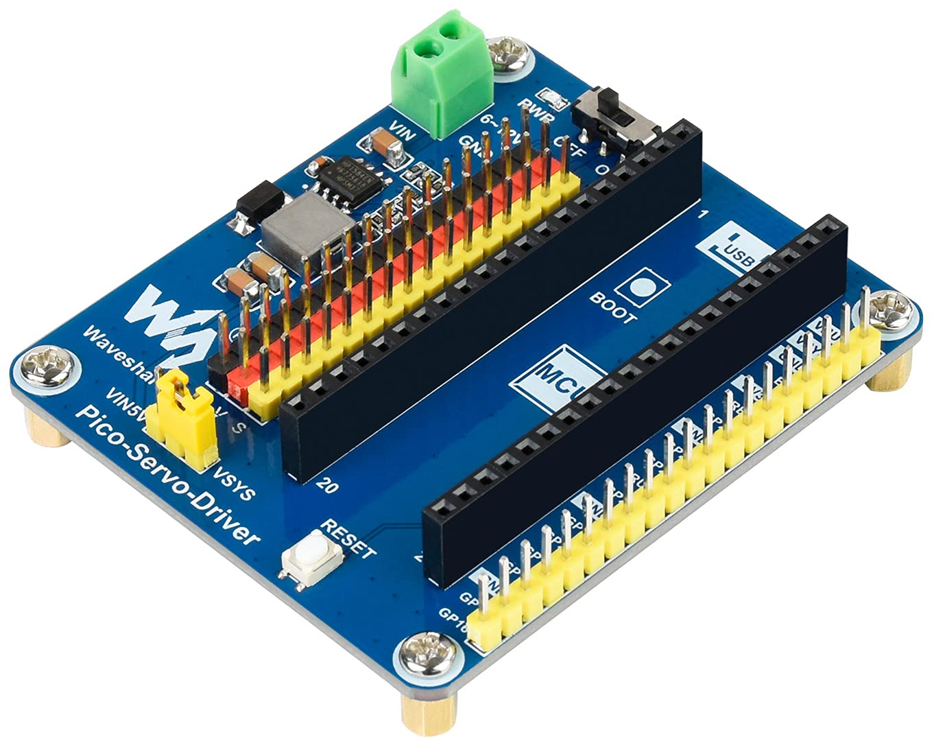 Servo Driver Module for Raspberry Pi Pico, Up to 16-Channel Servo/PWM Outputs, 16-bit Resolution for Each Channel,Onboard Standard Servo Interface to SG90/MG90S/MG996R,etc.