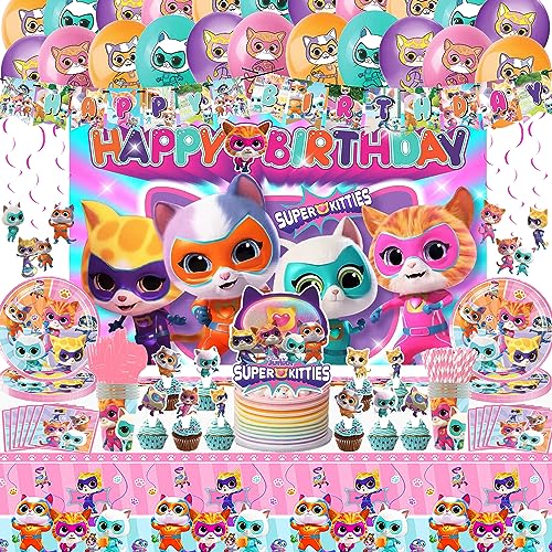 153 Pcs Super cat Birthday Party Supplies, Cute Kitten Party Decorations Include Banner, Balloons, Tableware, Cupcake Toppers, Tablecloth, Backdrop, Pink Kitten Themed Party Decorations for Girls