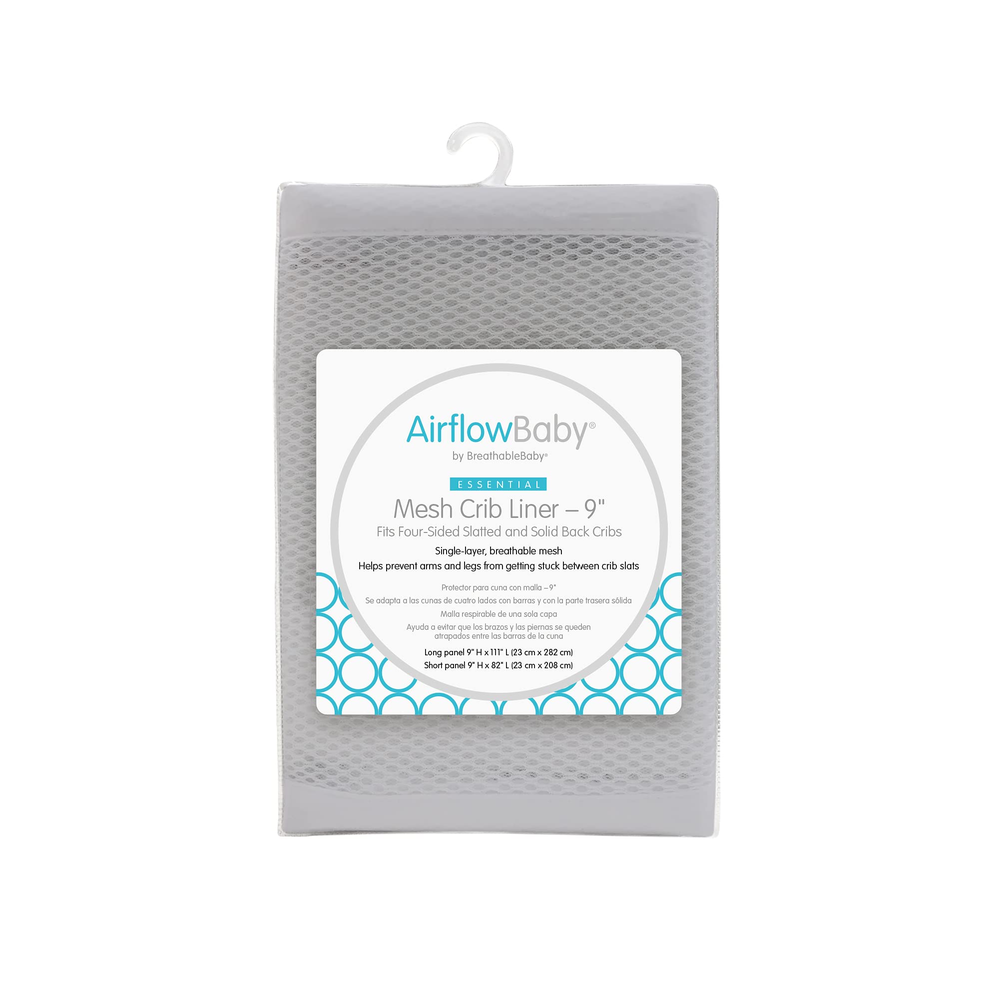 AirflowBaby Breathable Mesh Liner for Full-Size Cribs, 9" H (23cm) Essential 2mm Mesh, Gray (Size 4FS Covers 3 or 4 Sides)
