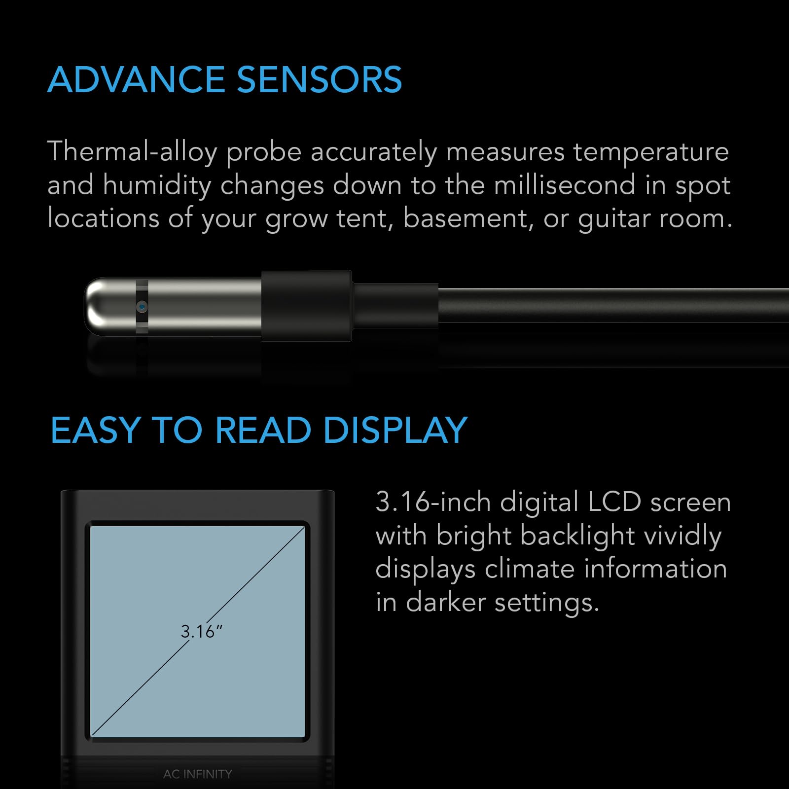 AC Infinity CLOUDCOM B1, Temperature Humidity VPD Smart Hygrometer with LCD Display & Bluetooth App Monitor, Climate Gauge Thermometer Sensor Probe for Basements, Guitar Rooms, Grow Tents, Greenhouses