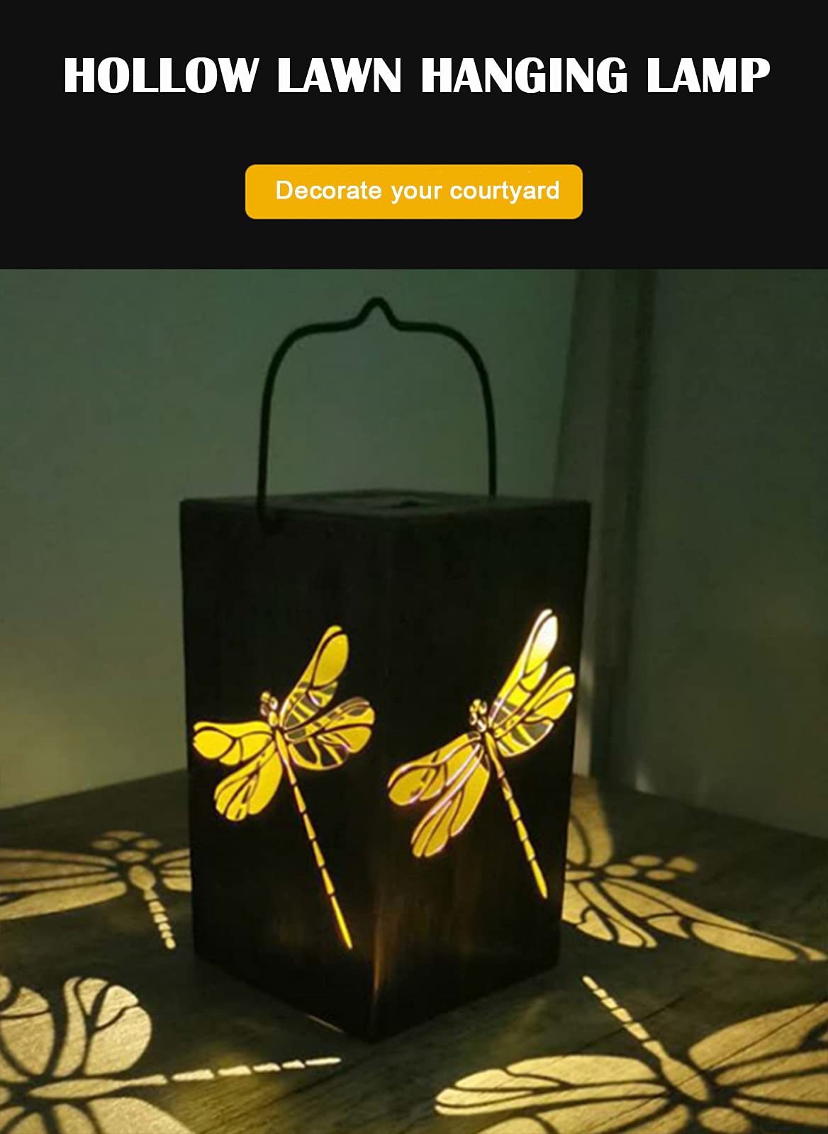 2 Pack Solar Lantern, Outdoor Hollow Dragonfly Hanging Lamp Garden Iron Lawn Projection Lamp, Waterproof Led Flashing Flameless Candlestick Task Lamp, Used for Porch Courtyard Lawn Passage