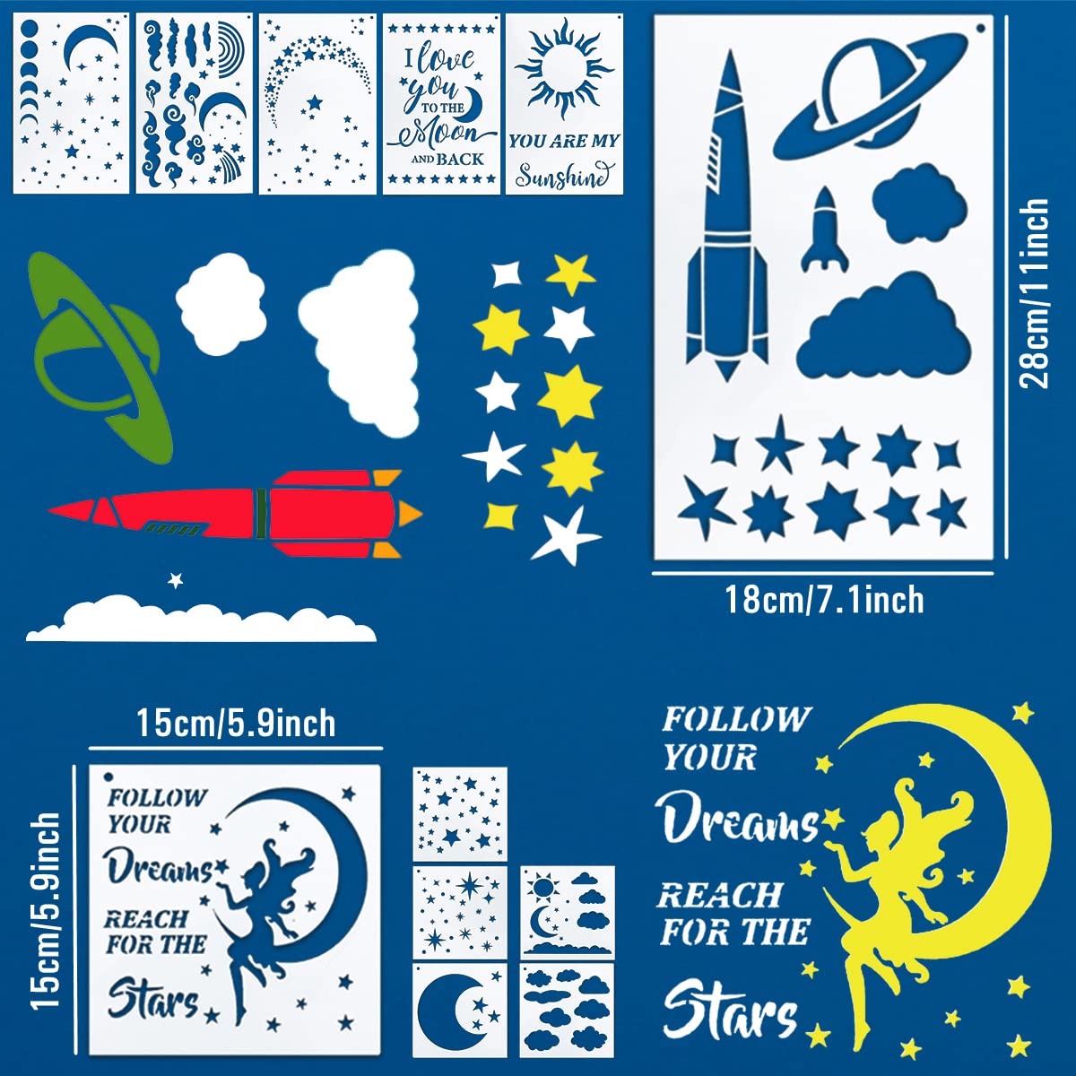 12 Pieces Moon Star Cloud Stencils for Painting Reusable Drawing Painting Stencils Sun Clouds Template for Home Decoration on Wood Wall Crafts Projects