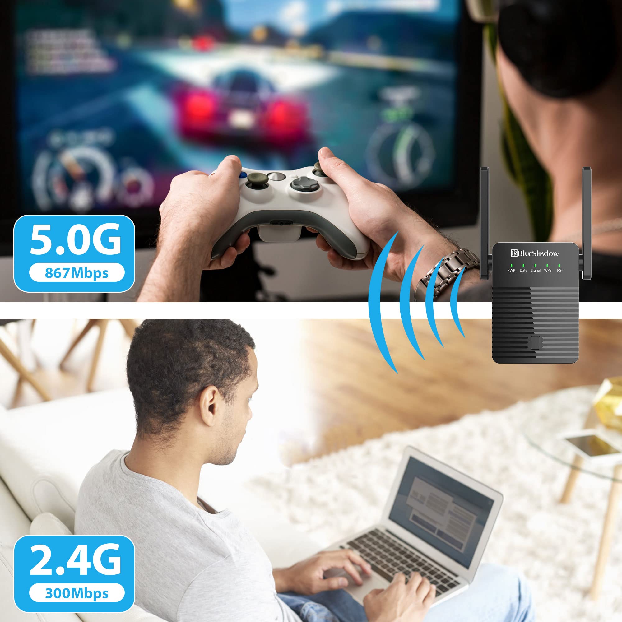 2022 New WiFi Extender Coverage up to 1000 Sq. Ft and 20 Devices with AC 1200 Dual Band WiFi Repeater Range Extender 2 high Gain Antenna (Up to 1200Mbps Speed) with Led Indication & Wall Plug