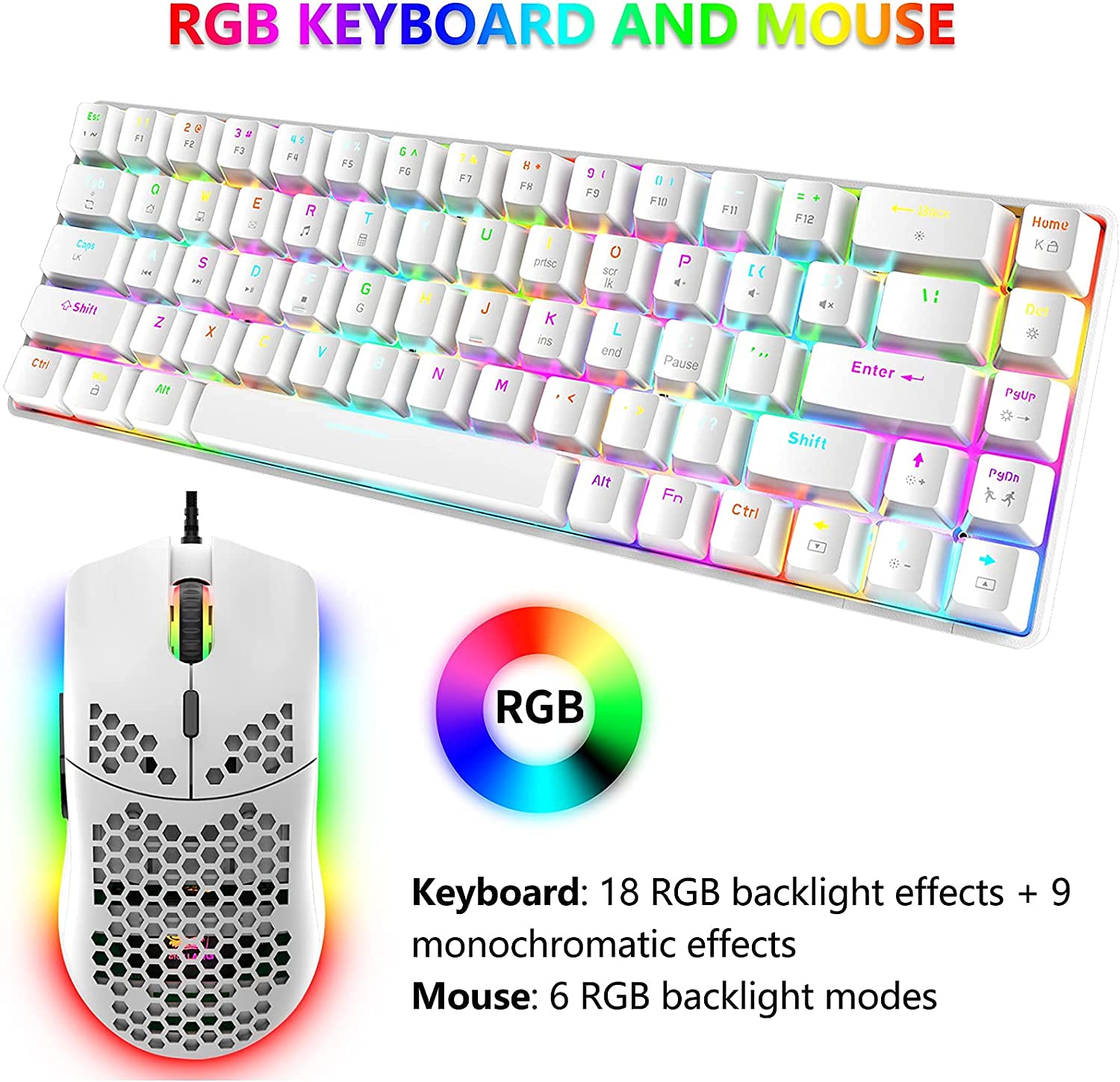 60% Mechanical Gaming Keyboard and Mouse Combo RGB Backlight Ultra-Compact Ergonomic Anti-ghosting 68 Keys 6400DPI Silent Honeycomb Mice Type-C Wired for Computer Mac Gamer