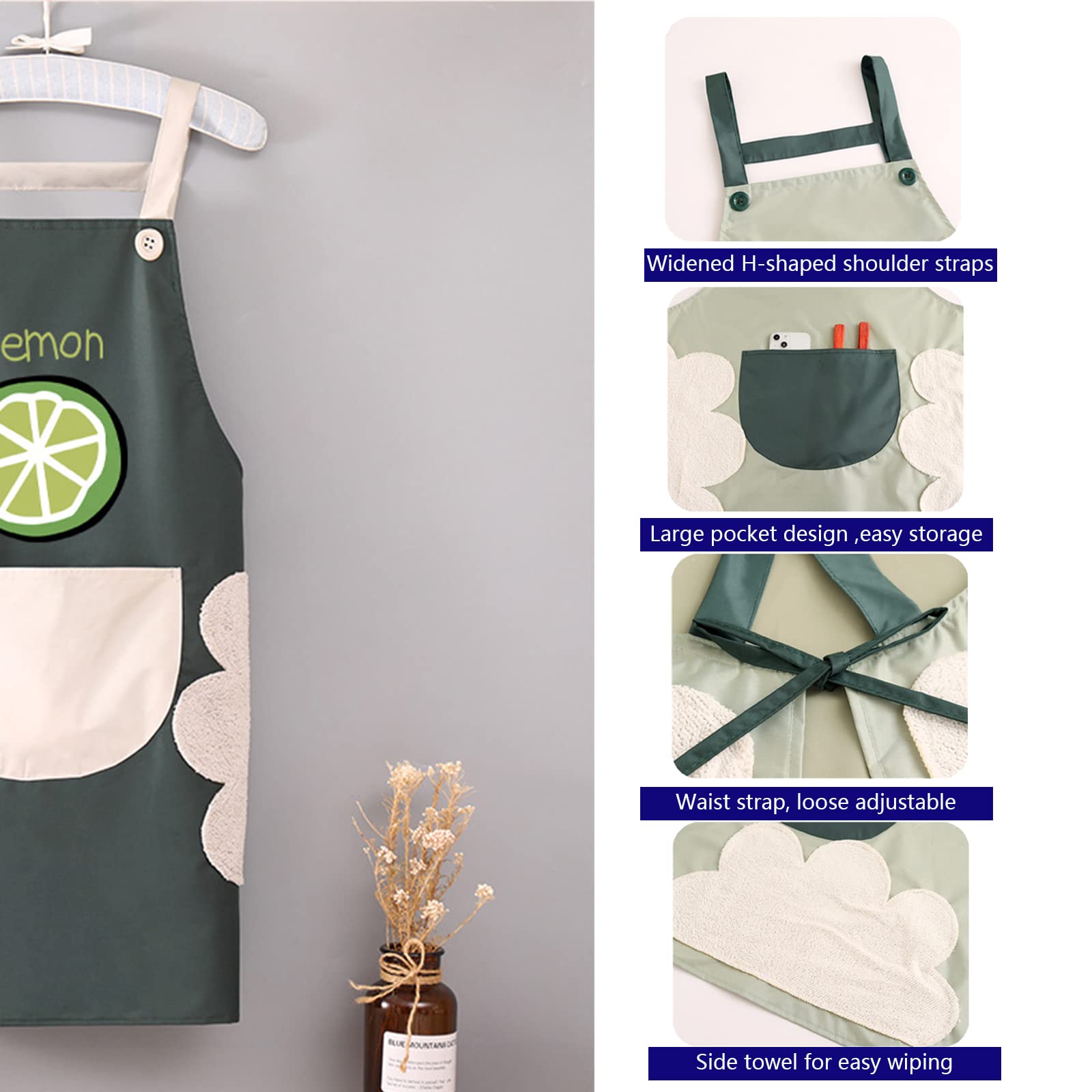 2 Pack Kitchen Cooking Aprons, Waterproof Bib with Large Pockets Hand Wipe Aprons,Adjustable Bib Soft Chef Apron,for Women Men Chef Coveralls Crafting BBQ (Lemon Blue Egg Green Grey)
