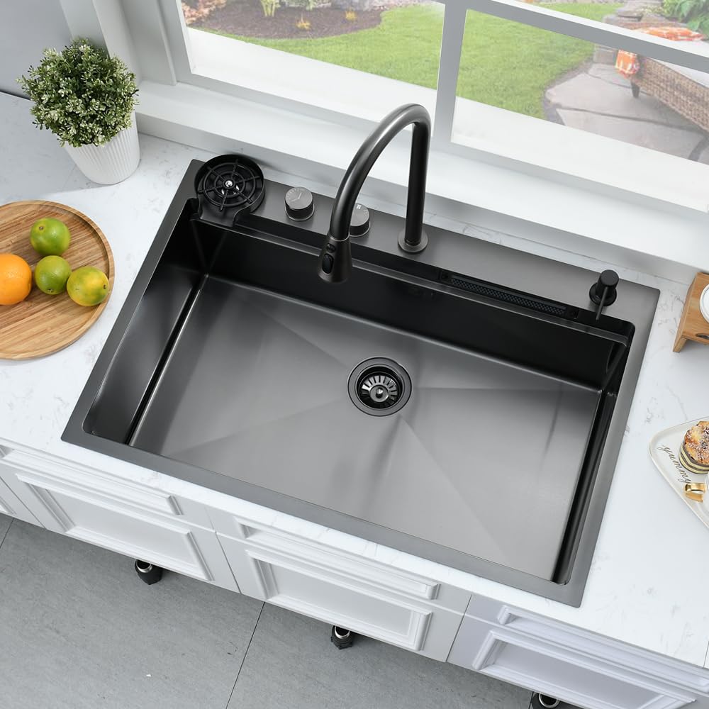 33 Inch Waterfall Drop In Kitchen Sink with Faucet Combo-Bokaiya 33x22 Waterfall Kitchen Sink Smart Workstation Sink 16 Gauge Multifunctional Single Bowl Stainless Steel Kitchen Sink with Faucet