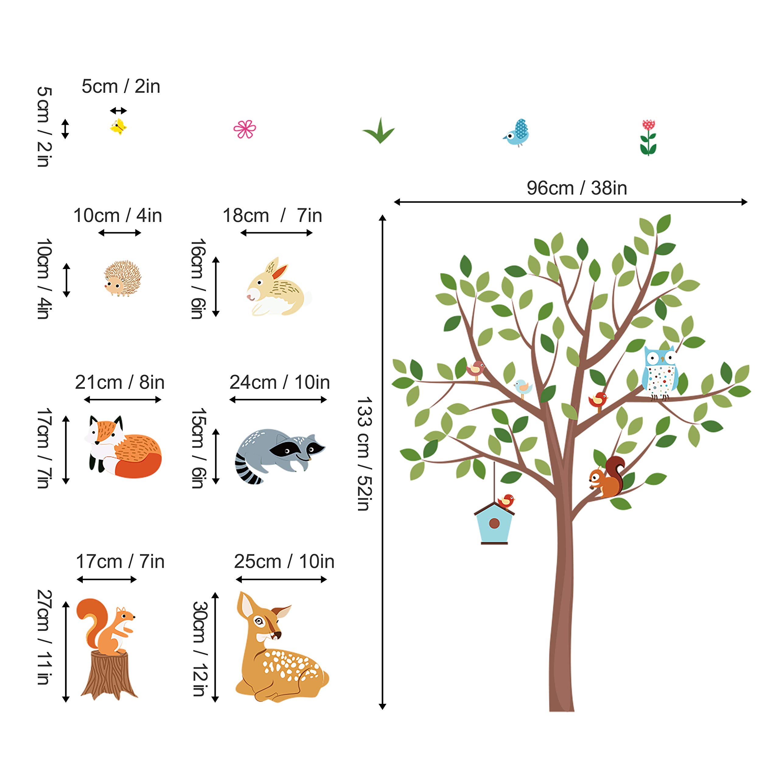 decalmile Forest Animals Tree Wall Decals Deer Fox Owl Wall Stickers Baby Nursery Kids Bedroom Playroom Wall Decor(Tree H: 56")