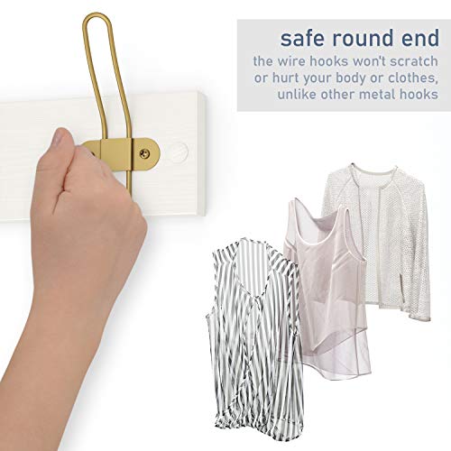 Tibres - Brushed Gold Wall Hooks for Hanging Coat Clothes and Towel - Brushed Gold Coat Hook Rack Door or Wall Mount - White Hanger with 4 Metal Matte Gold Hooks for Bathroom - Solid Wood