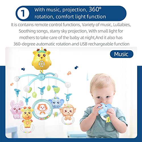 Caterbee Baby Crib Mobile Toy with Lights and Music, Projection, Remote, Pack and Play (Blue-Rechargeable Mode)