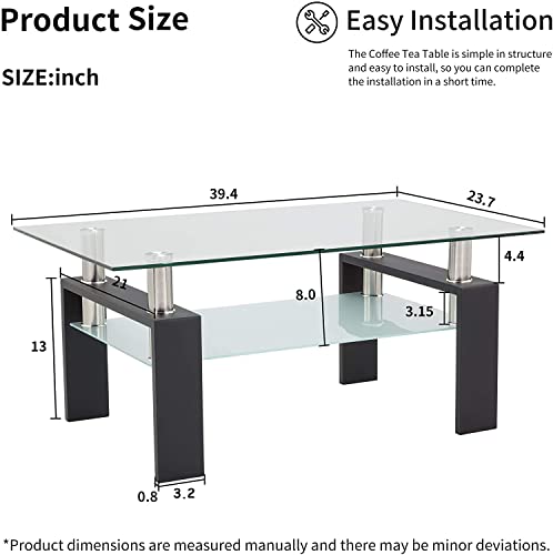 Depointer Life Glass Coffee Table, Rectangle Modern Side Coffee Table with Lower Shelf, Perfect for Living Room Conversation Leisure Occasions, Metal Leg, Black
