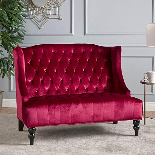 Contemporary Home Living 50.25" Wine Red and Brown Traditional Button Tufted Winged Loveseat