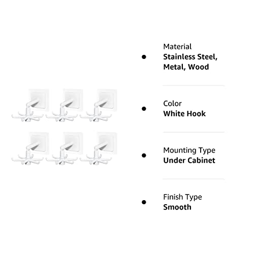 6 Pack Heavy Duty Under Cabinet Utensil Holder Hanger Hook, 360 Degrees Rotating Folding Hook Self Adhesive Hook Utensil Rack with 6 Hooks for Bathroom, Kitchen and Home (White)