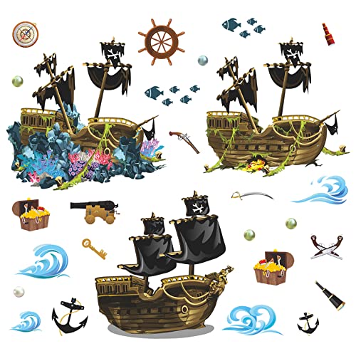 4 Sheet Pirate Ship Wall Sticker Shipwreck Wall Decal DIY Self-Adhesive Waterproof Waves Treasure Fish Hook Pearl Coral Reef Wall Art Decoration for Kitchen Bathroom Kids Boys Bedroom Playroom Nursery (A)