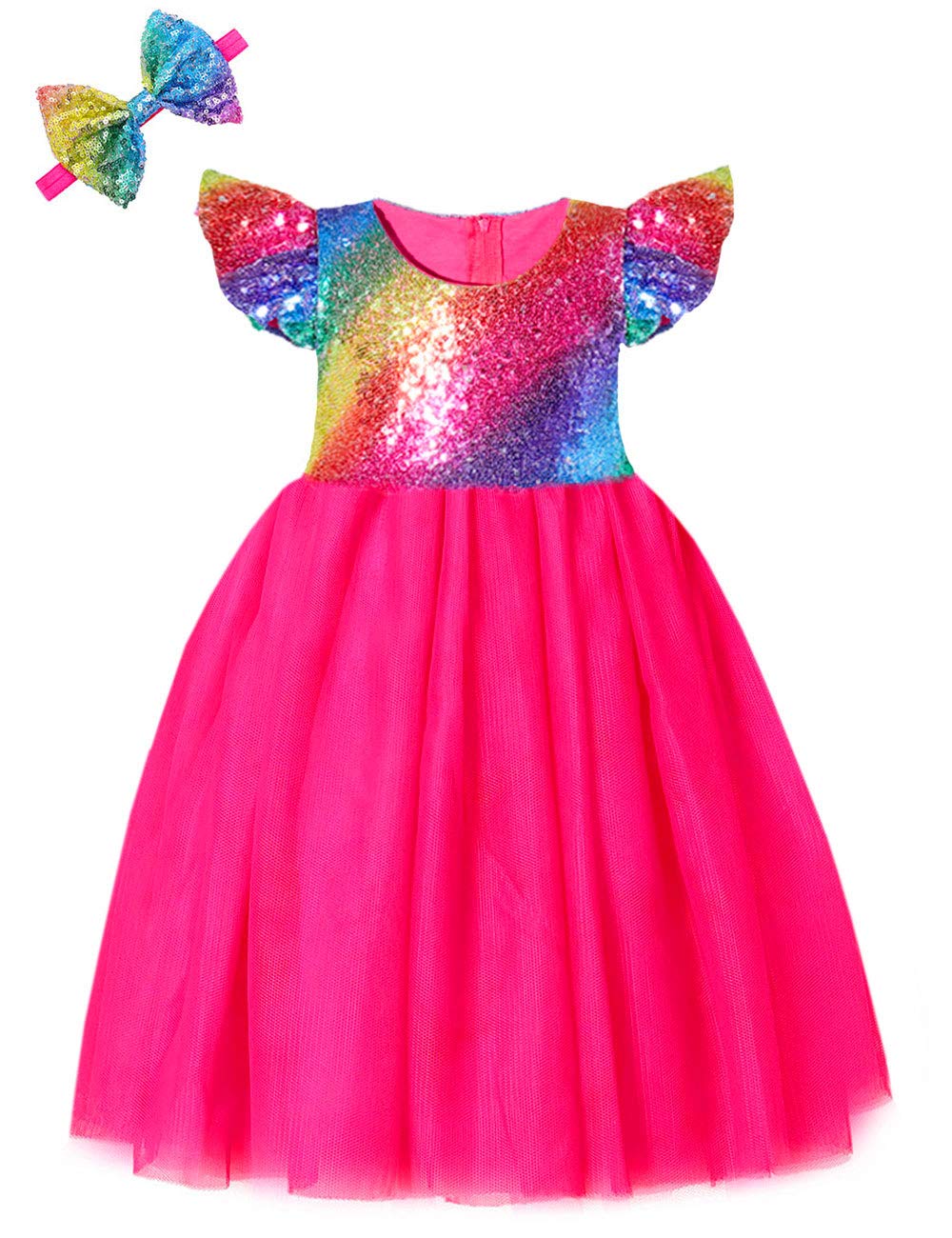Cilucu Baby Girl Sequin Dress Ruffle Tutu Flower Girls Dress for Wedding Bridesmaid Princess Dress Kids Birthday Party Dress Easter Valentine's Day Gown Rainbow Hot Pink Size 2-3T