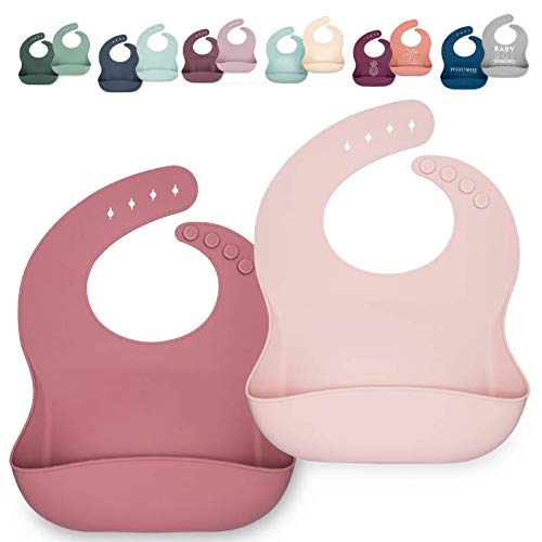 AVA + OLIVER Waterproof Silicone Bib Set with Adjustable Neck Closure - Durable Silicone Bibs for Babies - Set of 2 (Dusty Rose)