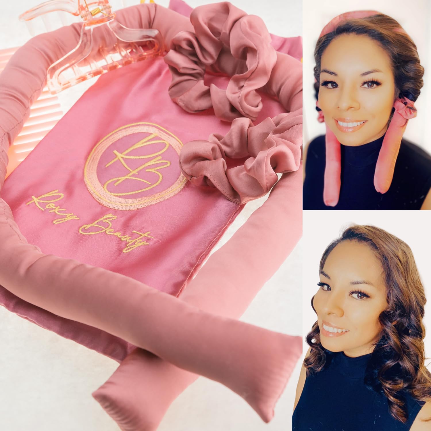 Heatless Curler by Roxy Beauty, Soft Cotton Filled, Satin No Heat Curling Rod Headband, 6 Piece Set, For Long or Short Hair, TikTok Curls, Rose Gold Color