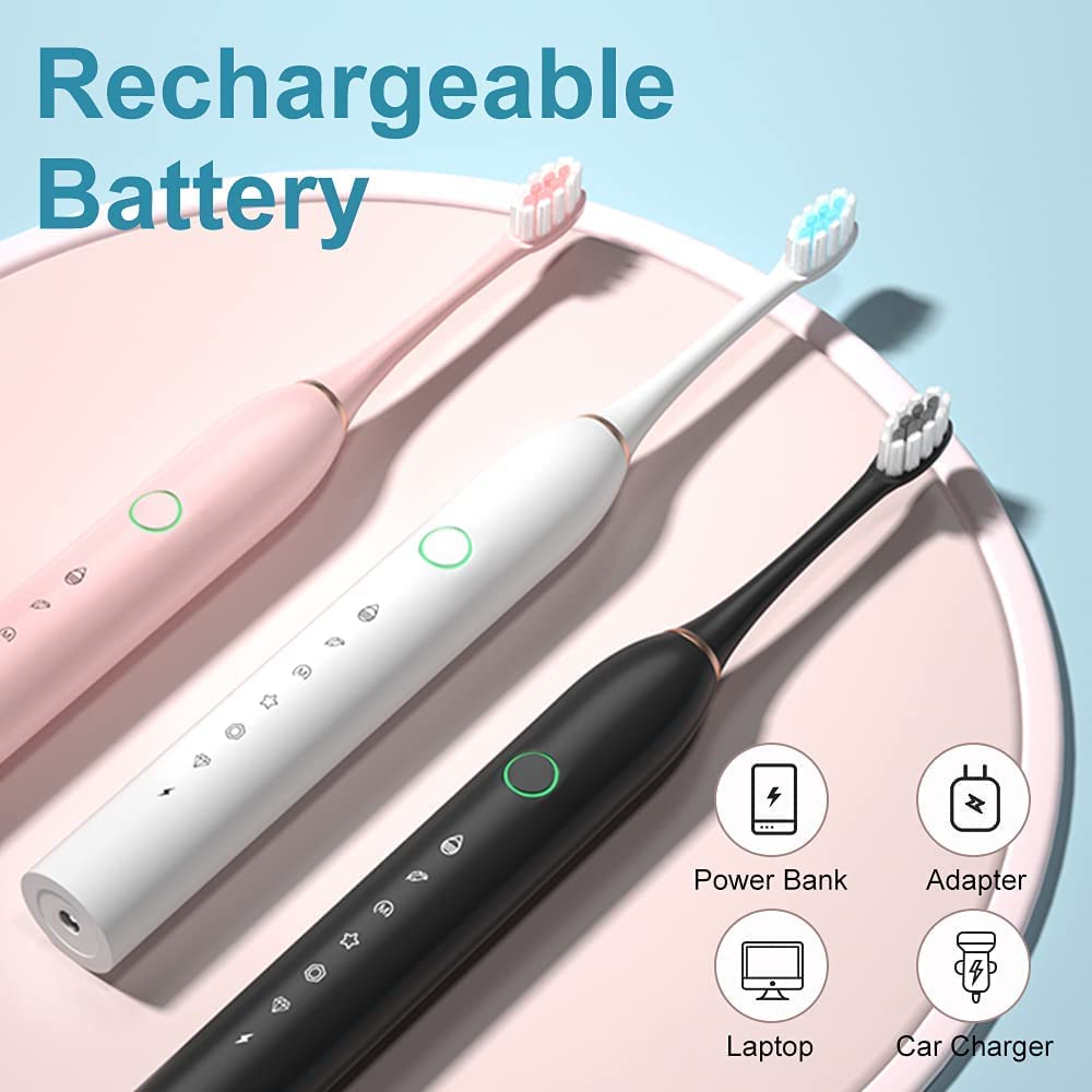 2 Pack Electric Toothbrushes Sonic Toothbrush Whitening with 8 Brush Heads, 6 Cleaning Modes and Smart Timer, for Adults Rechargeable Waterproof Cleaning Toothbrushes(Black+White)