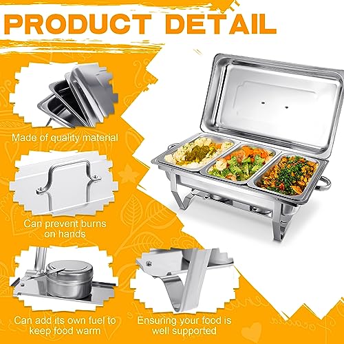 6 Pcs Chafing Dish Buffet Set 8 Qt Stainless Steel Chafer Complete Set Catering Buffet Servers and Warmers with Foldable Frame, Food Pan, Fuel Holder and Lid for Parties Banquet Wedding (3 Third Size)