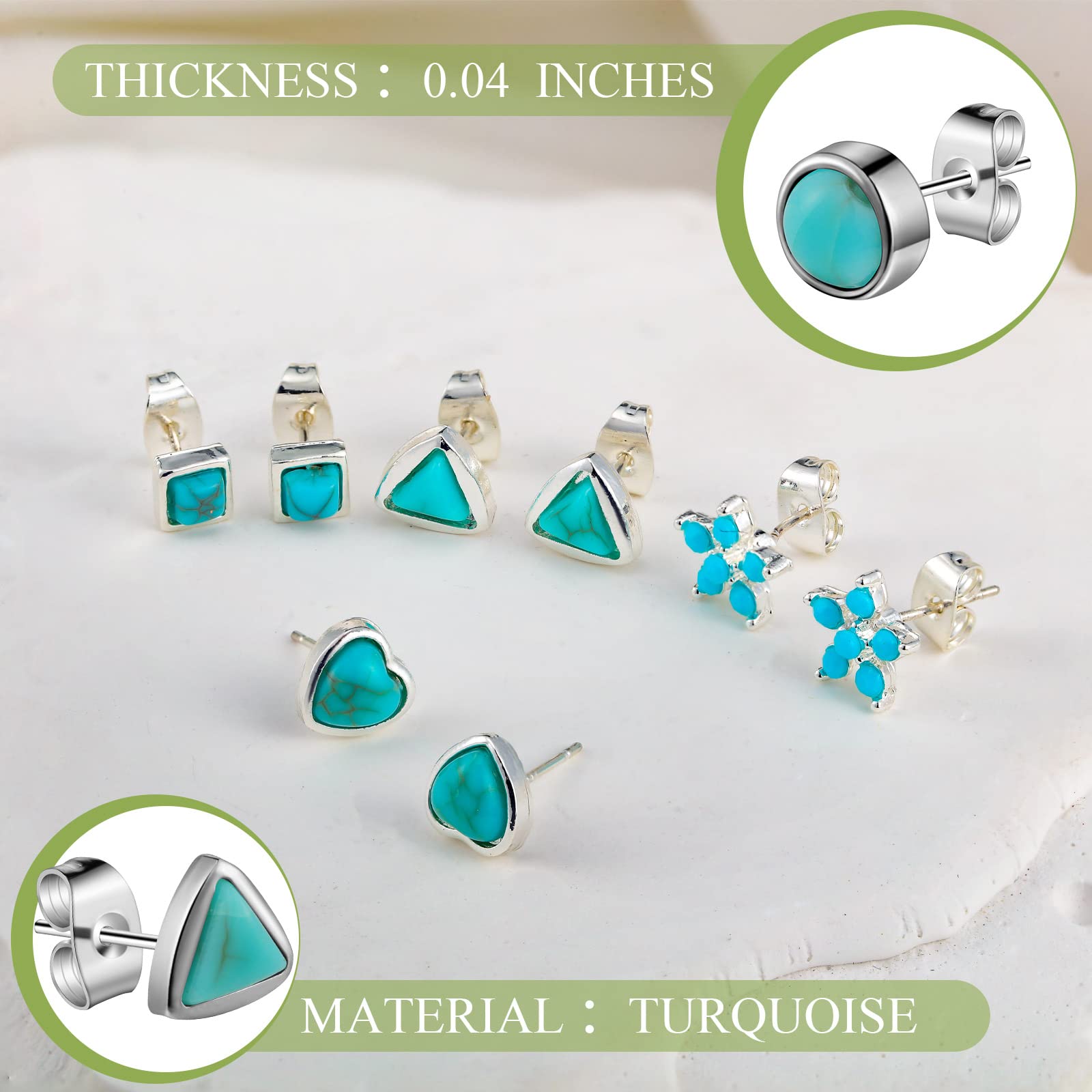 12 Pairs Turquoise Stud Earrings Boho Various Dainty Small Gemstone Studs Earring Set Simple Trendy Silver Gold Round Square Drop Triangle Flower Shaped Dot Earrings for Women
