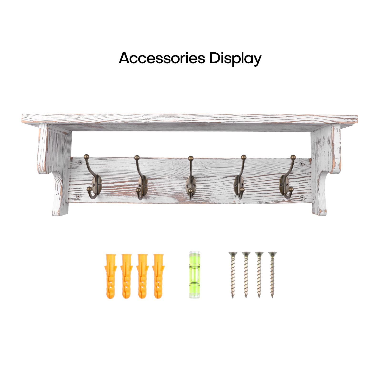 35" Long Coat Rack Wall Mount with Shelf, Rustic Wooden Entryway Shelf with 8 Hanger Hooks, Farmhouse Mounted Pinewood Floating Wall Hook Rack Shelf for Kitchen Bathroom Mudroom Laundry, White