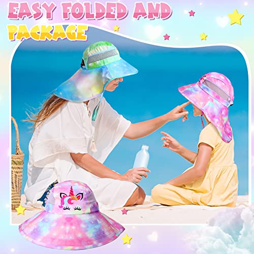 2 Pcs Sun Hat for Girls Unicorn Bucket Summer Hat Kids UV Protection Beach Hat Adjustable Strap Neck Flap Ponytail Cap for Kids 4β12 Years
