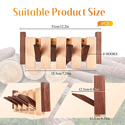 2 Pcs Wood Coat Piano Hooks with 4 Flip Down Hooks Decorative Wooden Wall Mounted Rack Hooks Handmade Natural Walnut Wood and Beech Artwork Coat Hangers Multi Rack for Towel Hat Key Scarfs Purses Bag