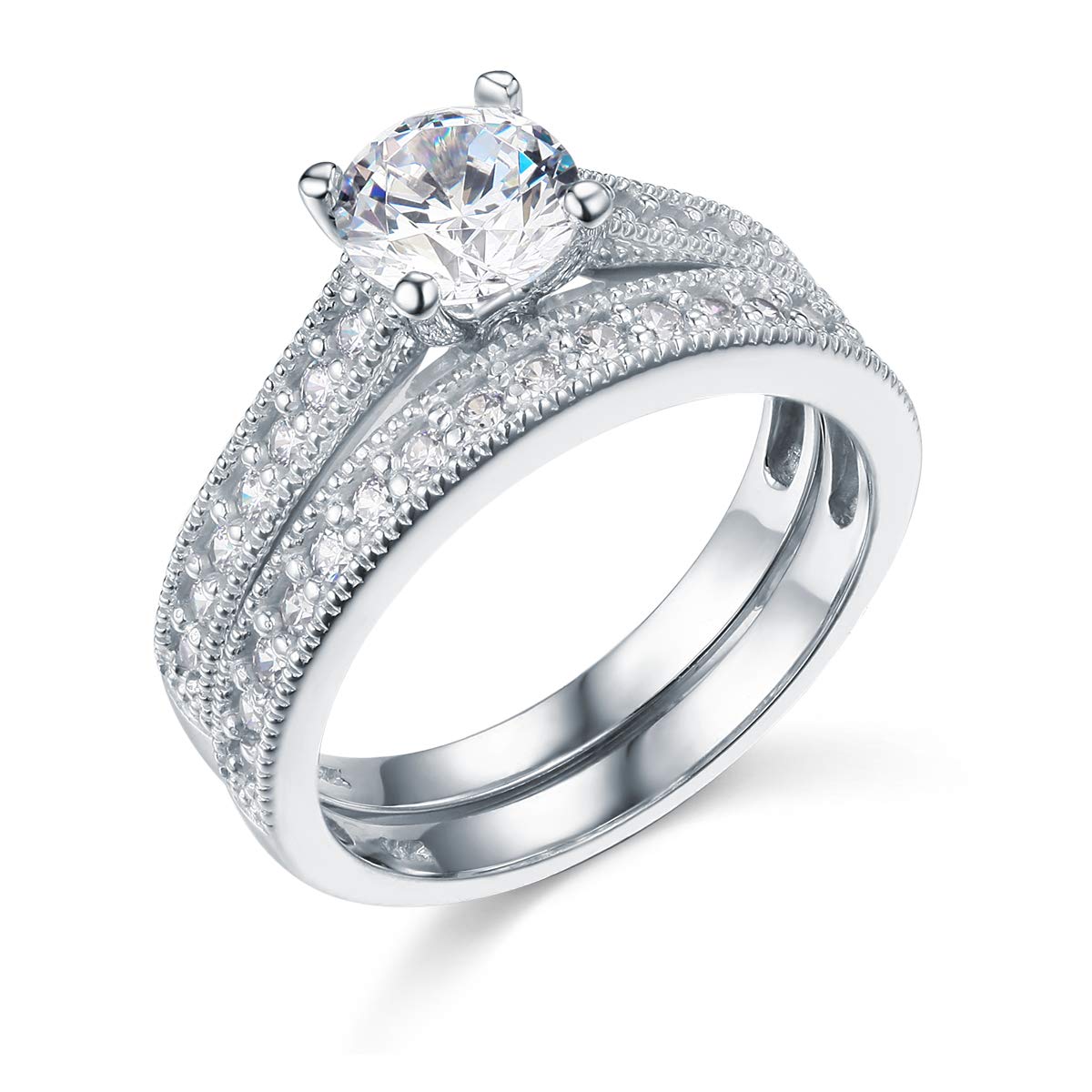 14k White Gold SOLID Wedding Engagement Ring and Wedding Band 2 Piece Set - Size 7