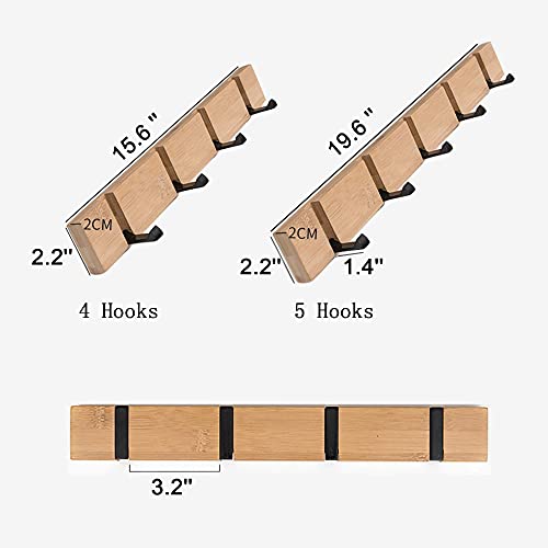 KYSMOTIC Coat Rack Wall Mounted, Modern Coat Hooks Wall Mounted with Folding Hooks, Space-Saving Coat Hanger for Coats, Purses, Key – Wooden 4 Hooks