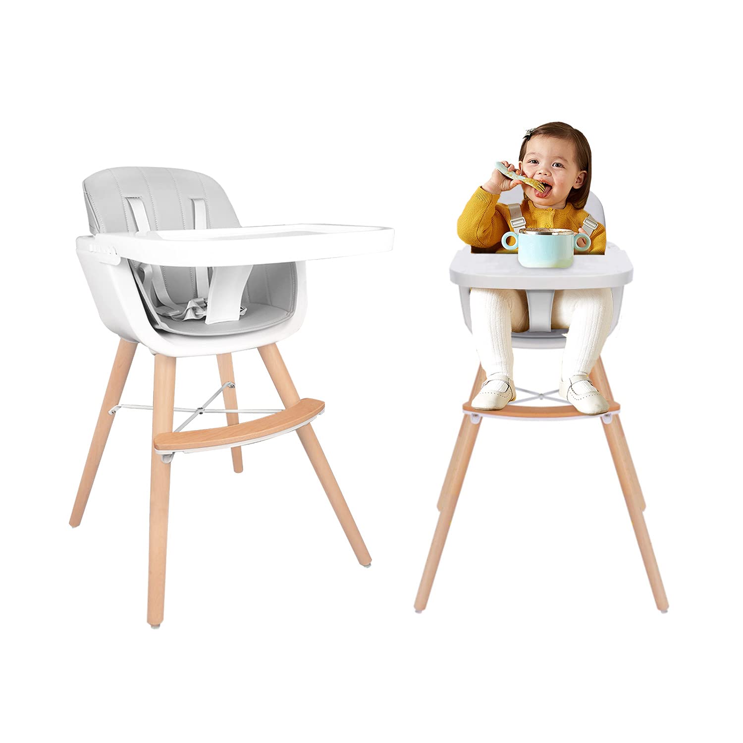 High Chair with Adjustable Legs, Baby High Chairs with Tray for Babies and Toddlers, Removable and Washable BPA-Free Plastic Dinner Plate, Durable Wooden High Chair - Best for 6-36 Months