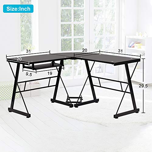 L Shaped Computer Desk Office Corner Desk,Modern Gaming Desk Home Office Desk Tempered Glass Workstation Desk,with Keyboard Tray and CPU Stand 3-Piece PC Laptop Study Writing Workstation Table- Black