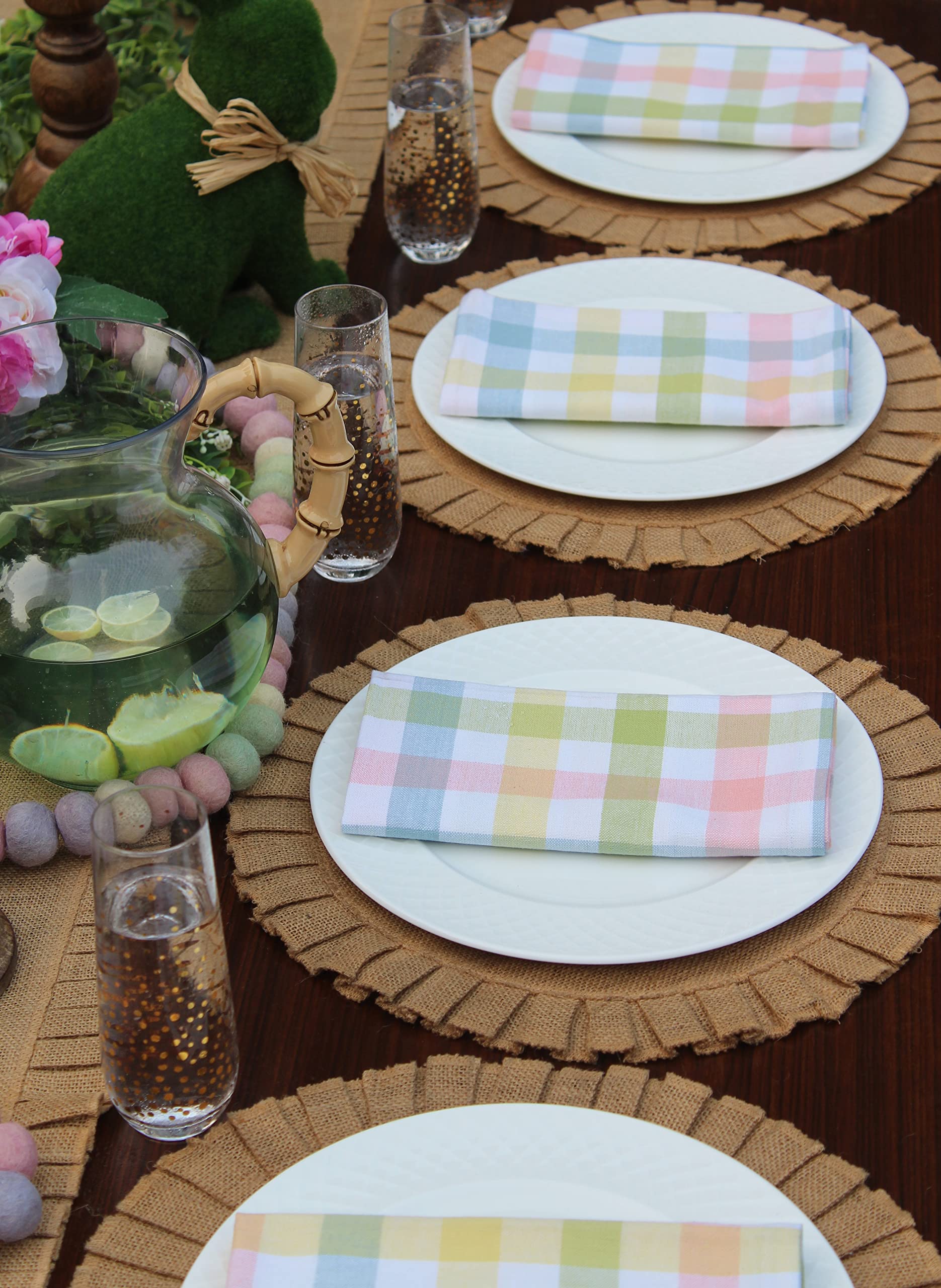 COTTON CRAFT Gingham Buffalo Plaid Check Napkins - Mitered Corners - Spring Easter Bunny Pastel Luncheon Dinner - Set of 8 - Pure Cotton - Reusable Washable - 18 inch x 18 inch - Yellow Multi Pastel