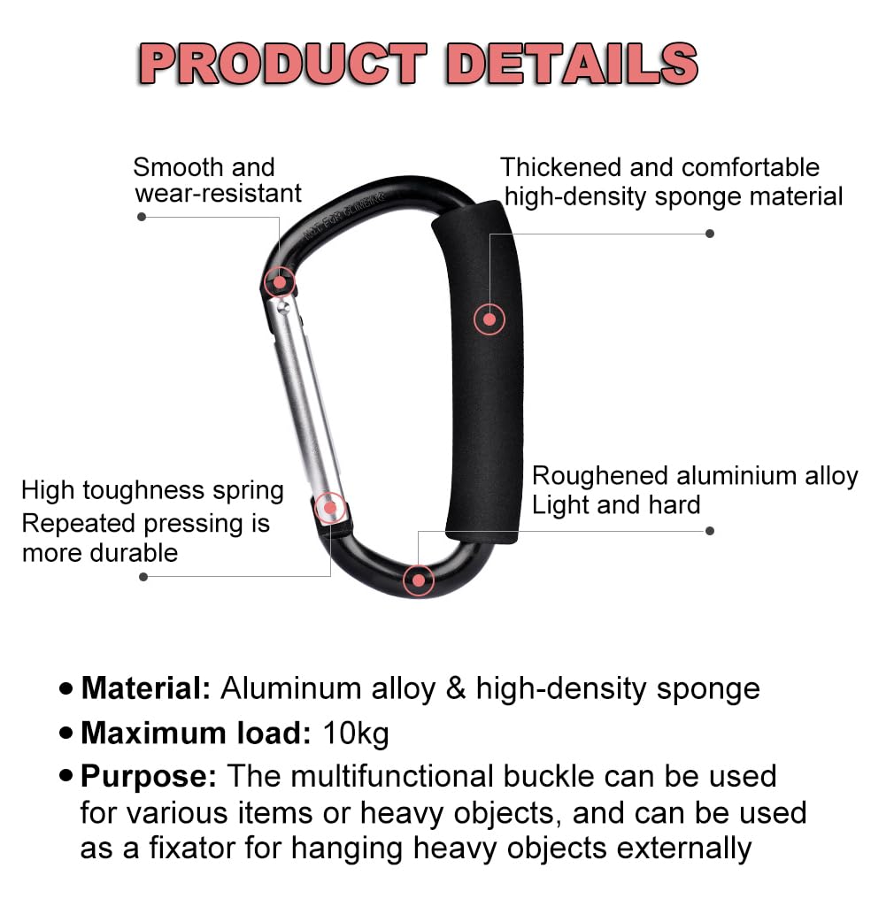 AKOAK Universal Stroller Hook Hanging Bag and Shopping, Large Hook Clasp Stroller Accessories - Easy Hanging Wallet, Diaper Bag, Shopping Bag, Toys, Sports Equipment - Pack of 2, Black