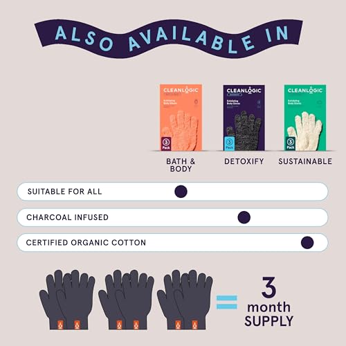Cleanlogic Detoxify Charcoal Infused Exfoliating Glove, Stretchy Bath & Shower Gloves, Reusable Exfoliator Tool for Smooth & Softer Skin, 3 Pairs, 6 Count Value Pack
