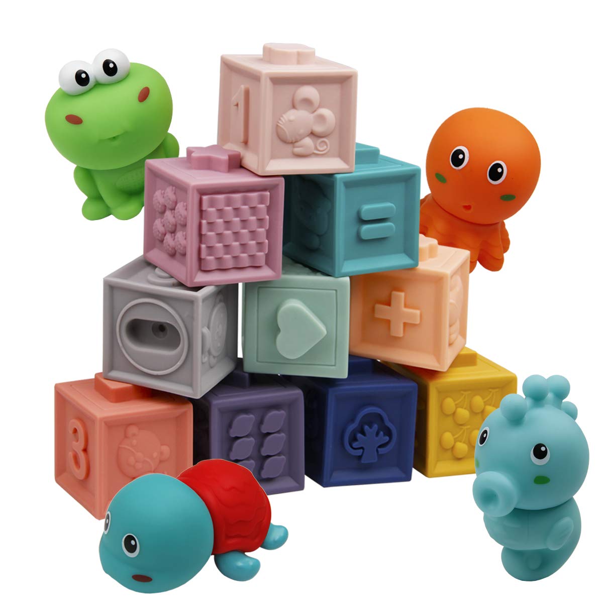 15PCS Baby Blocks Soft Building Blocks Baby Stacking Blocks Teething Toys 3 Water Bath Animals Teether Toy Educational Squeeze Play with Numbers Animals Fruit Shapes Textures Infant Toddlers 6 Months