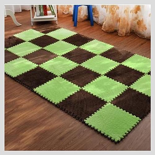 12x12x0.4in Thick Soft Square Plush Foam Carpet Tiles Area Play Rug for Room Floor,DIY Interlocking Foam Puzzles Play Mats,with Border Shaggy Exercise Mats(Size:42pcs,Color:Dark Brown + Grass Green)