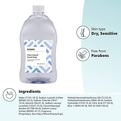 Amazon Brand - Solimo Gentle & Mild Clear Liquid Hand Soap Refill, Triclosan-free, Fresh Floral Scent, 56 fl oz (Pack of 1)