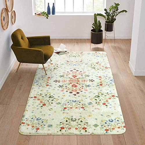 Uphome Non-Slip Floral Beige Area Rug 3' x 5', Rustic Distressed Accent Throw Rugs Machine Washable Shag Collection Floor Carpet for Bedroom Living Room Home Decor