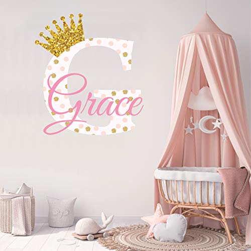 Girls Nursery Personalized Polka Dot Initial and Glitter Crown Custom Name Vinyl Wall Decal, Decor Wall Stickers (Small)