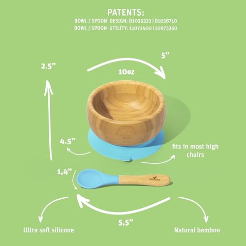 Avanchy Bamboo Divided Baby Plate, Bowl & Assorted Spoons Set - Suction Plates and Bowls for Toddlers - 9 Months and Older (Gray)