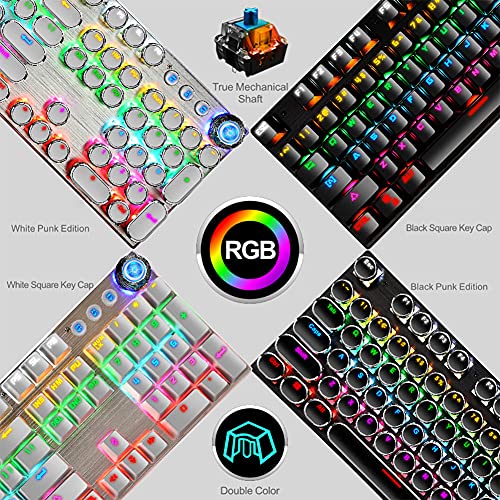 Jamerxie Typewriter Keyboard, RGB Mix Colour Punk Mechanical Keyboard, 104-key Light up Gaming Retro Keyboard with Wired USB for Computers, White/Black (Black Punk)