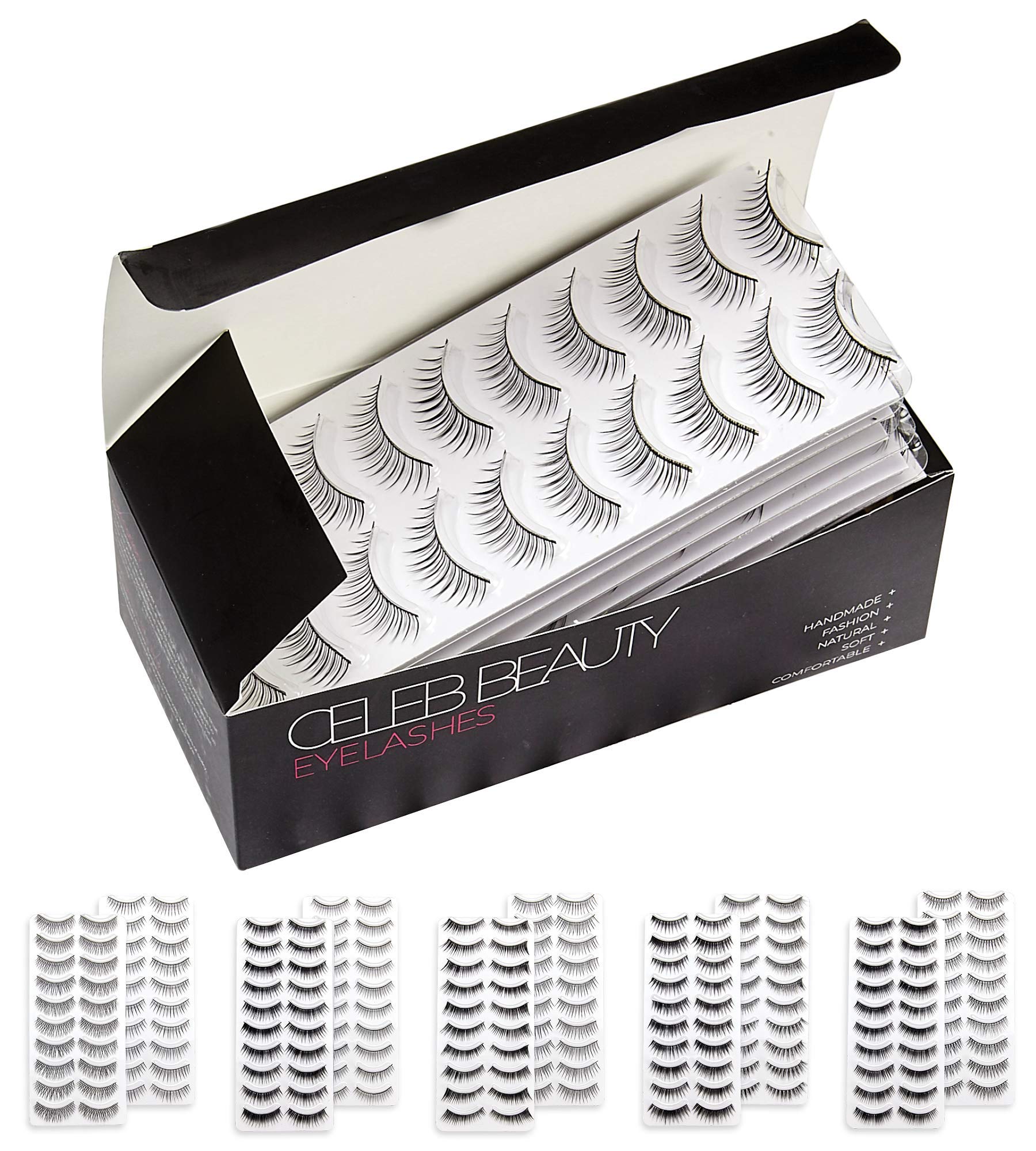 Celeb Beauty Eyelash Splashes 100 Pair Faux Lashes Variety Pack – Reusable Fake Eyelashes in 10 Styles – Hypoallergenic Strip False Lashes Set with Soft Natural, Fluttery Wispies, & Dramatic Falsies